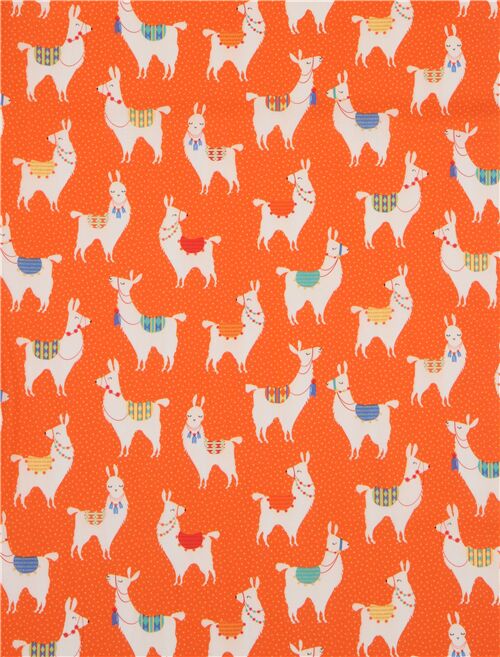 Tissu orange avec des lamas couleur crème clair - modeS4u