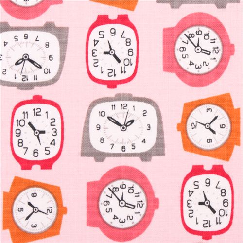 pale pink Riley Blake clock alarm clock retro fabric Fabric by Riley ...
