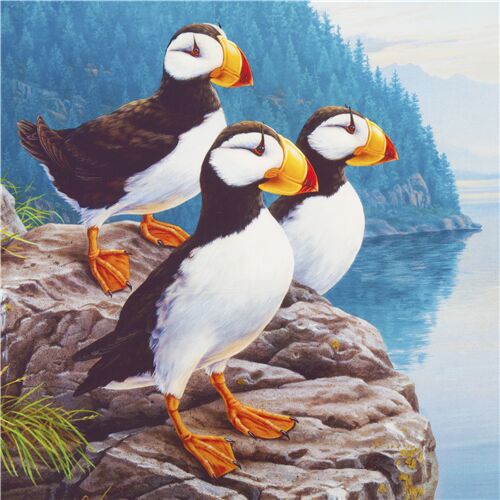 panel fabric with black border with puffin seabirds wildlife theme ...