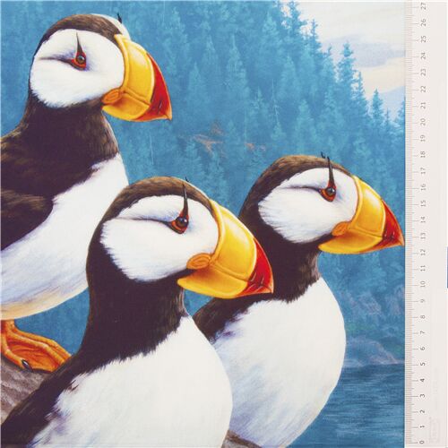 panel fabric with black border with puffin seabirds wildlife theme ...