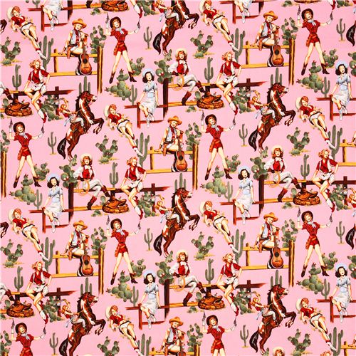 pink From The Hip Cowboy Pin up fabric Alexander Henry Fabric by ...