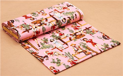 pink From The Hip Cowboy Pin up fabric Alexander Henry Fabric by ...