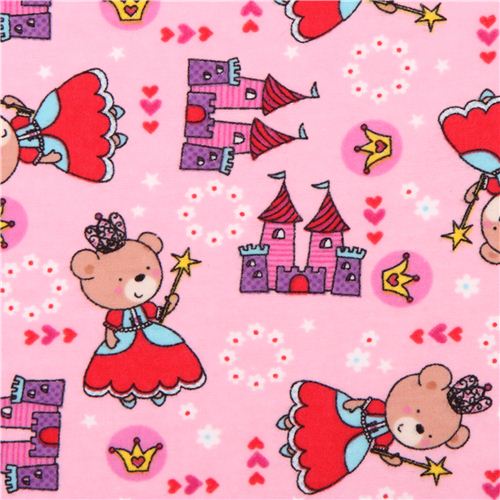 pink bear flannel fabric Princess Toss Teddy Bear Princess Fabric by ...