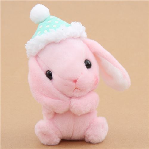 pink bunny rabbit with green cap holding ear Poteusa Loppy plush toy ...