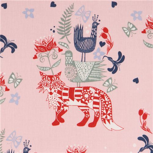 pink fox bird geo Canvas fabric Kokka Japan Fabric by Kokka - modes4u