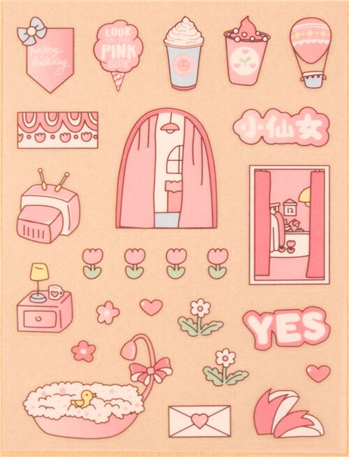 pink glitter stickers word cupcake hot air balloon pink themed kawaii ...
