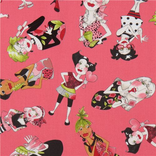 pink retro fabric with fashionable women by Loralie Designs Fabric by ...