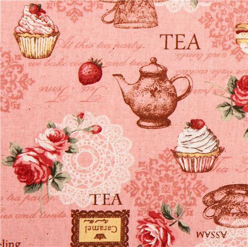 pink retro tea sweets Canvas fabric Cosmo Japan Fabric by Cosmo - modes4u
