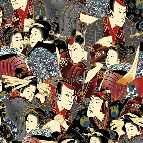 Tela lindo personaje Japón traje colores dorado metálico Northcott ...