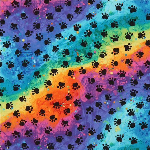 rainbow color Timeless Treasures black animal paw print fabric - modeS4u