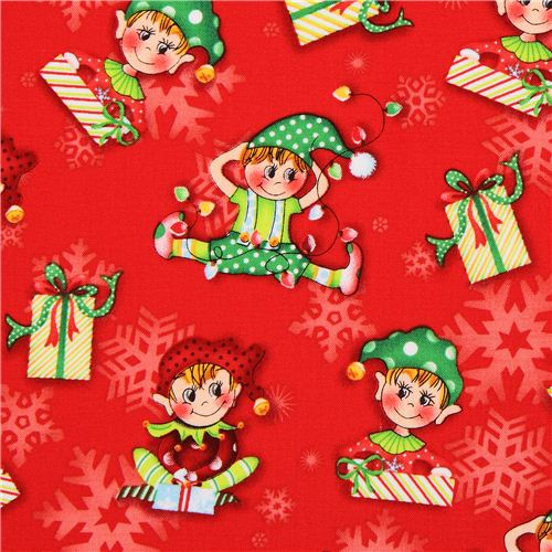 red Christmas elf Christmas fabric Naughty Or Nice Fabric by Japanese ...
