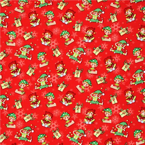 red Christmas elf Christmas fabric Naughty Or Nice Fabric by Japanese ...