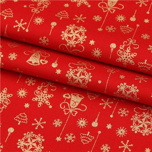 red Christmas fabric from Japan with metallic gold decorations and ...