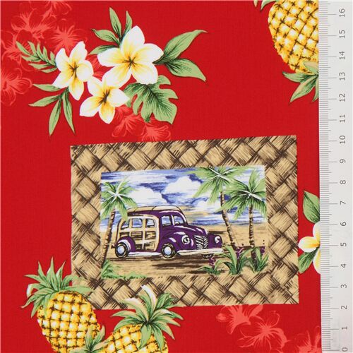 red Trans-Pacific Textiles fabric with holiday photos and tropical ...