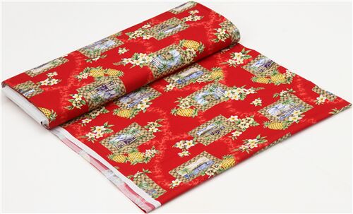 red Trans-Pacific Textiles fabric with holiday photos and tropical ...