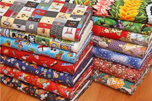 red Trans-Pacific Textiles fabric with holiday photos and tropical ...