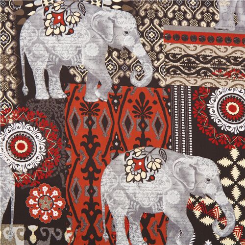 red beige and black ornate Timeless Treasures cotton fabric elephants ...