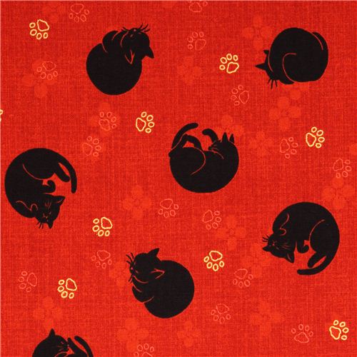 red cat paw Asia fabric with gold metallic print from Japan Fabric by ...