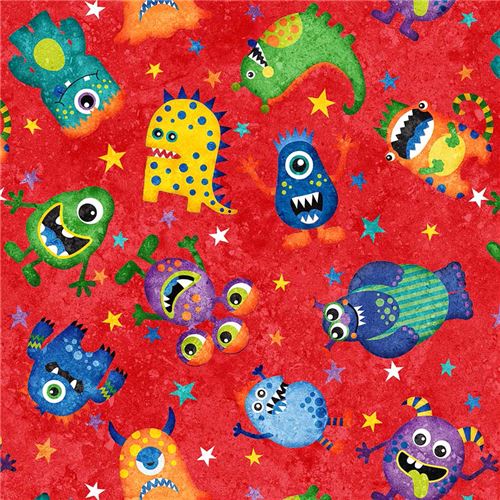 red fabric colorful monster by Northcott Stonehenge Monsters Fabric by ...