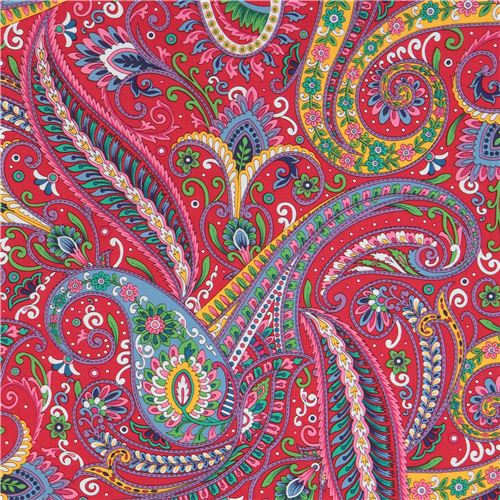 Roter Stoff mit Paisley-Muster und Blumen von Quilting Treasures Fabric ...