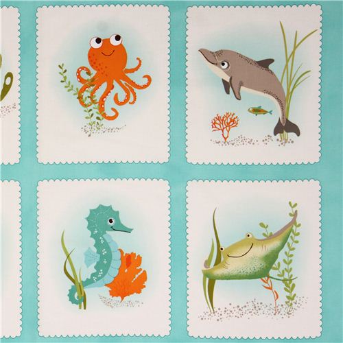 sea green dolphin turtle sea animal panel fabric by Robert Kaufman USA ...