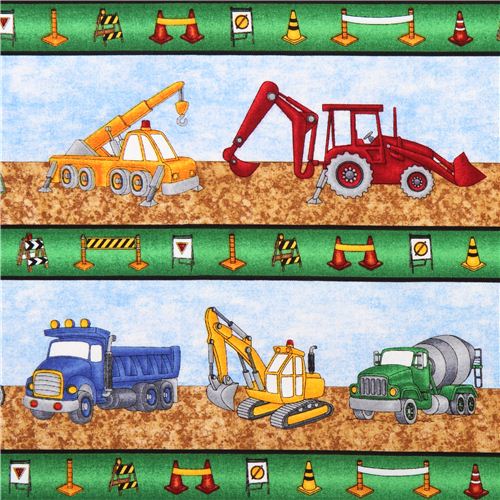 stripe construction vehicle fabric for boys Busy Builders Fabric by ...