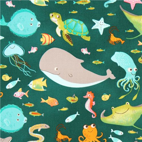 teal green whale dolphin turtle sea animal fabric by Robert Kaufman USA ...
