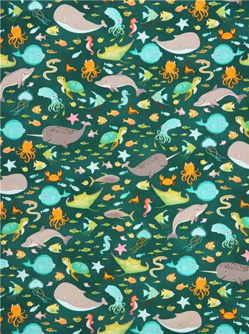 teal green whale dolphin turtle sea animal fabric by Robert Kaufman USA ...