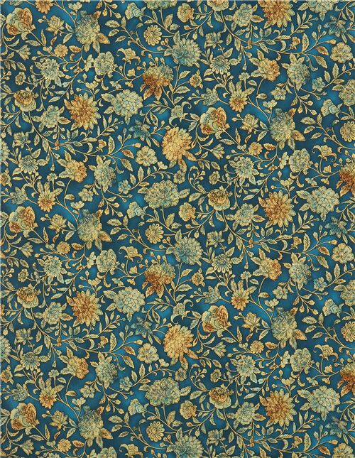 teal metallic gold fabric with peony dahlia flowers by Robert Kaufman ...