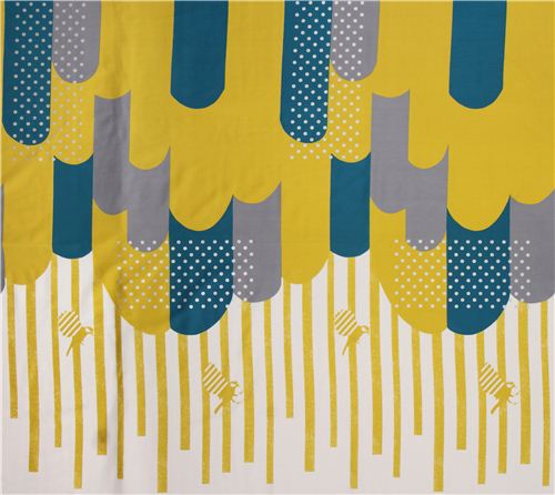 teal & yellow bird cloud stripes border cotton sateen glitter fabric ...