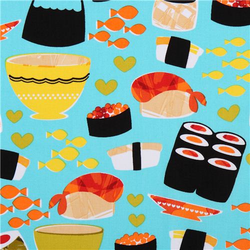 turquoise Sushi fabric Michael Miller fish heart Fabric by Michael ...