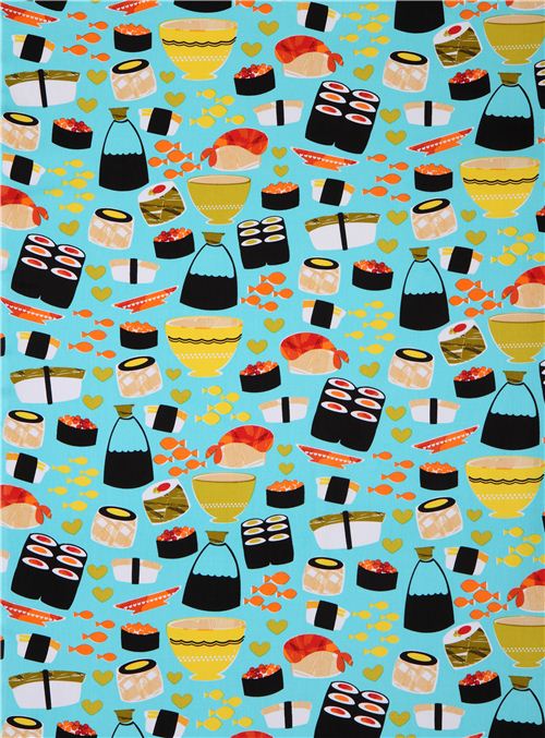 turquoise Sushi fabric Michael Miller fish heart Fabric by Michael ...