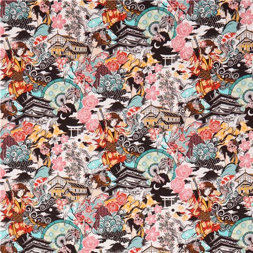 turquoise pink character and flower anime fabric Manga fabric Fabric by ...