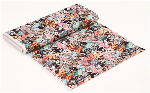 turquoise pink character and flower anime fabric Manga fabric Fabric by ...