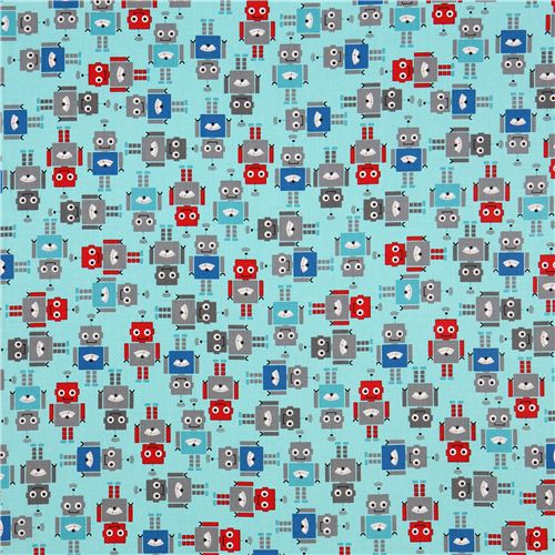 turquoise robot fabric by Robert Kaufman red grey Fabric by Robert ...