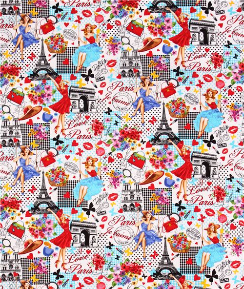 white 'Paris Pin-ups' flower butterfly fabric Timeless Treasures USA ...