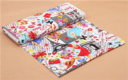 white 'Paris Pin-ups' flower butterfly fabric Timeless Treasures USA ...