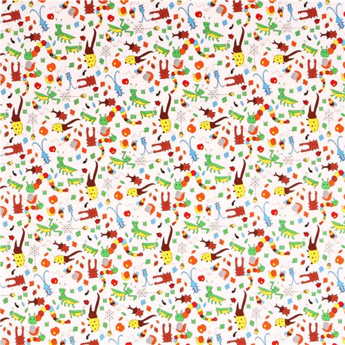 white animal bug apple nuts insect Kokka fabric Fabric by Kokka - modeS4u