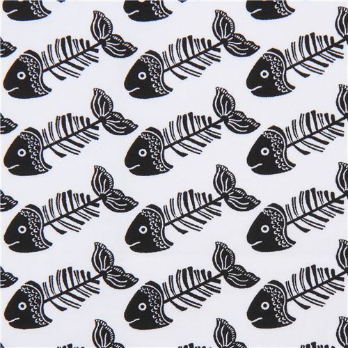 white fabric black fish bone animal Ink & Arrow Fabric by Japanese ...