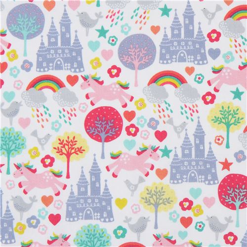 white fabric with rainbow castle unicorn animal makower uk Fantasy ...
