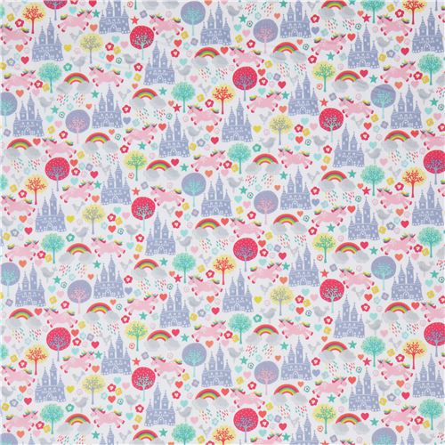 white fabric with rainbow castle unicorn animal makower uk Fantasy ...