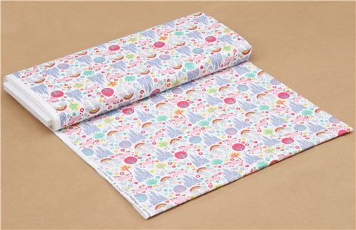 white fabric with rainbow castle unicorn animal makower uk Fantasy ...