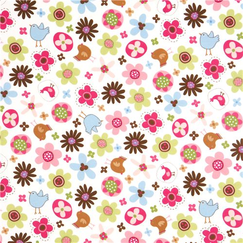 white flannel fabric birds & flowers pastel Robert Kaufman Fabric by ...