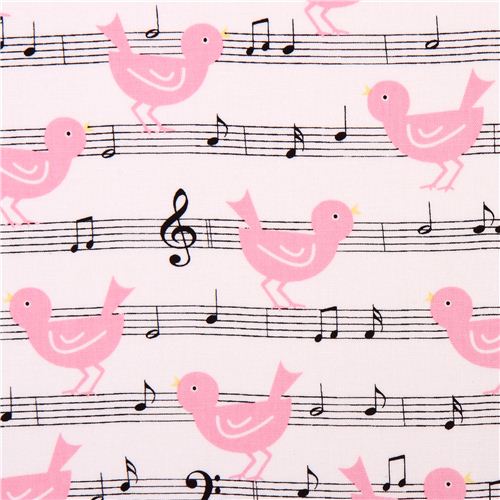 white music notes pink bird fabric Girly Girl Fabric by Japanese Indie ...