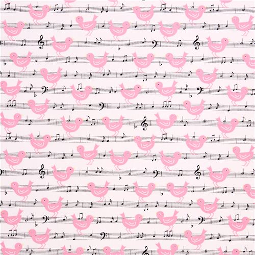white music notes pink bird fabric Girly Girl Fabric by Japanese Indie ...