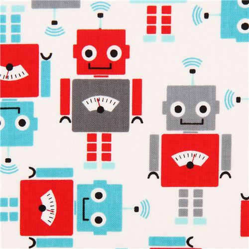 white robot fabric by Robert Kaufman red grey Fabric by Robert Kaufman ...