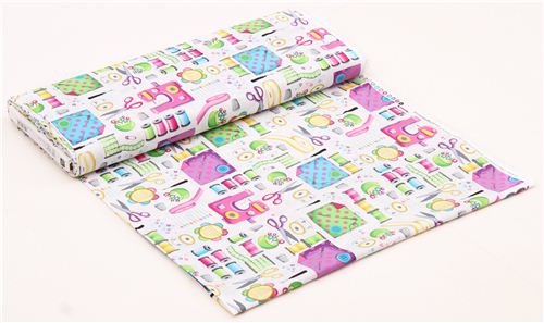 white sewing retro fabric with sewing machine yarn scissors Quilting ...