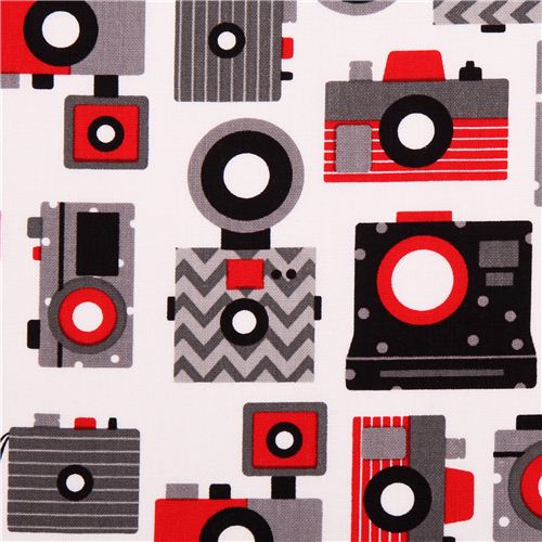 white vintage grey camera retro fabric Robert Kaufman USA Fabric by ...