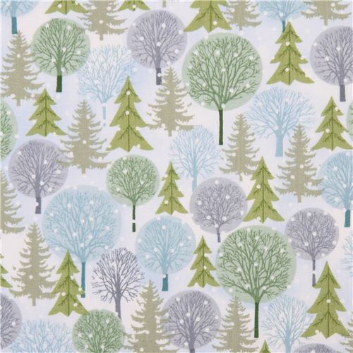 white winter forest tree flower fabric Holiday Cheer Fabric by Japanese ...