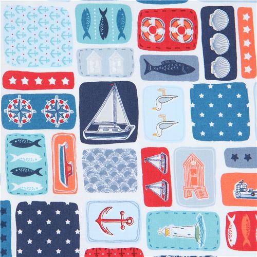 white with anchor sail boat makower uk Marina Fabric by Andover Fabrics ...